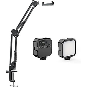 Overhead Phone Mount, Articulating Arm Cell Phone Holder with LED Light, Flexible Phone Stand for Live Streaming, Video Recording, Painting Lighting, Cooking