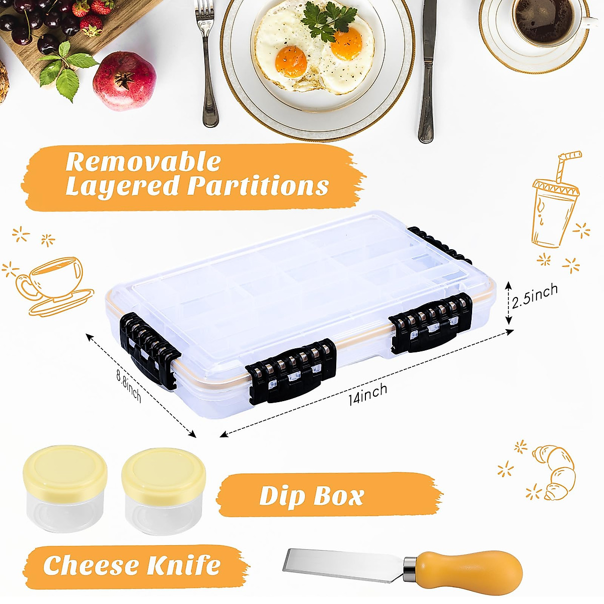 Menkxi Charcuterie Snackle Box, Waterproof Travel Charcuterie Containers Box with Lid Keeps Snacks Fresh Dry, Removable Dividers 24 Compartments, Ideal for the Boat, Beach, Picnics (Yellow)