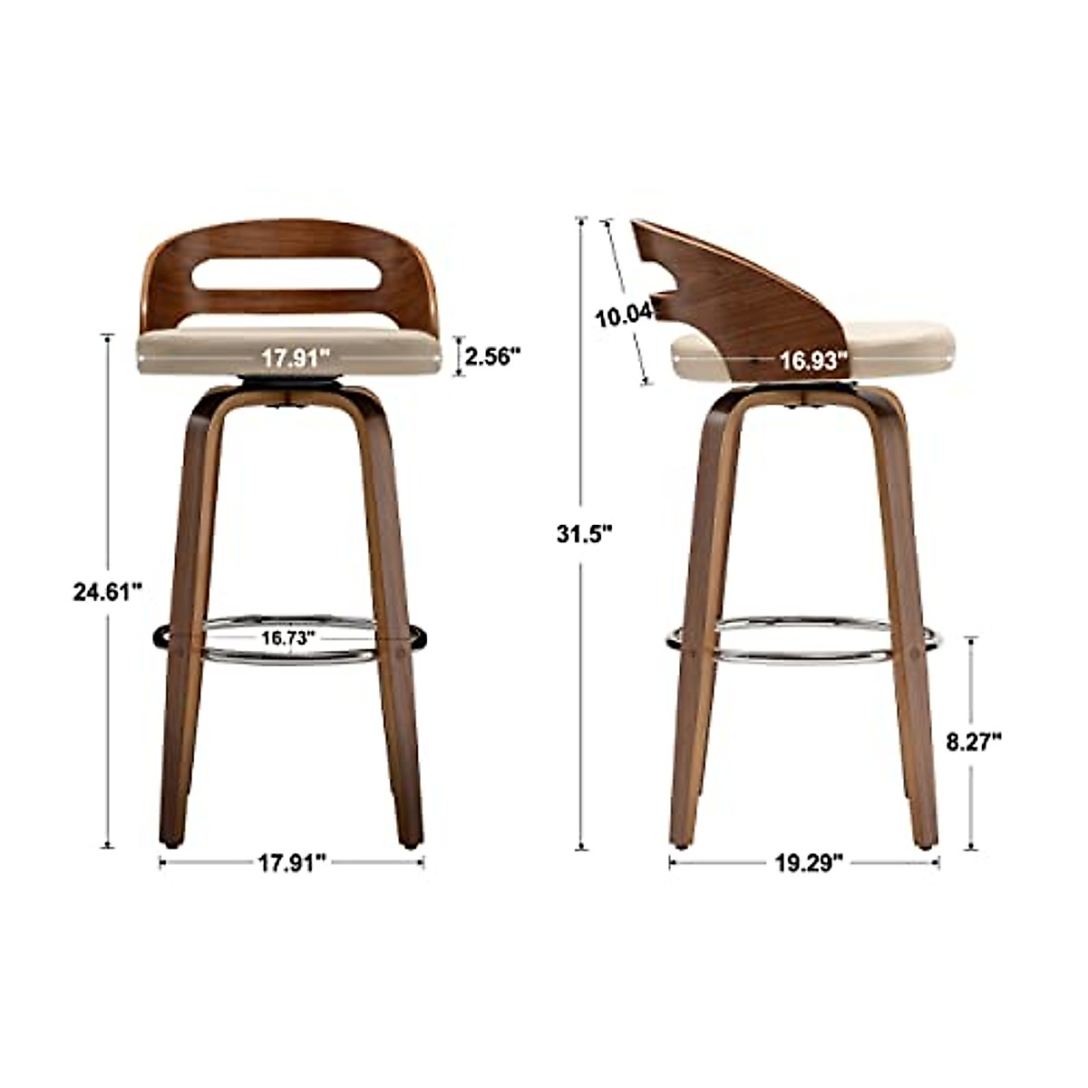 Bar Stools Set of 2, Swivel Bar Height Stools with Walnut Bentwood, Low Back, Upholstered Faux Leather, Soft Cushion Seat, Mid Century Bar Stools for Kitchen/Island/Counter (Beige, 25" Seat Height)