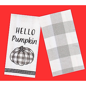 Mainstream Hello Pumpkin Kitchen Hand Towels, Grey and White Checked Buffalo Plaid, Set of 2 Coordinating Cotton Dishtowels for Fall and Thanksgiving Decorating, 16 x 26 inches