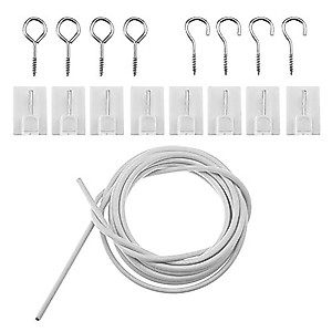 SING F LTD 17pcs Curtain Wire White Window Cord Cable with 8pcs Self-Adhesive Hooks 4 Pairs Hooks and Eyes Rods 3M Length
