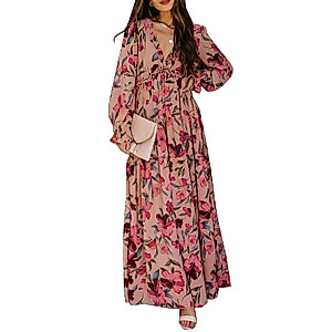 BLENCOT Womens Casual Floral Deep V Neck Long Sleeve Long Evening Dress Cocktail Party Maxi Wedding Dresses Floral Pattern Red Small
