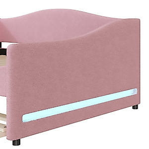 Jintop Teddy Fleece Full Size Upholstered Daybed with LED Light and Trundle,Modern Wood Platform Bed W/Side Stripes,Easy Assembly,for Bedroom,Living Room,Guestroom,Pink