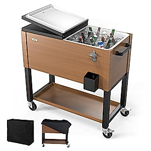 VINGLI 80 Quart Rolling Ice Chest on Wheels, Patio Cooler Cart with Waterproof Cooler Cart Cover, Beverage Rolling Cooler for Outdoor Patio Deck Party (Brown)