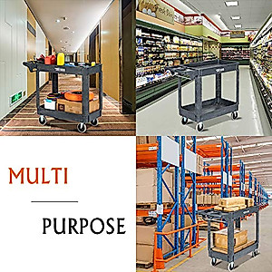 TUFFIOM Plastic Service Utility Cart with Wheels,550lbs Capacity,Heavy Duty Tub Storage Cart W/Deep Shelves, Multipurpose Rolling 2-Tier Mobile Storage Organizer, for Warehouse Garage Industrial Cart