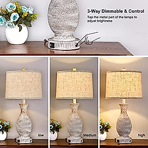 26.5" Farmhouse Table Lamp for Living Room, Rustic Touch Bedside Table Lamp Set of 2 with USB Charging Ports,3-Way Dimmable Nightstand Lamps for Bedroom,Oatmeal Linen Lampshade,LED Bulbs Included