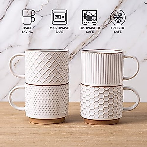 GBHOME 12OZ Stackable Coffee Mugs, Ceramic Coffee Mugs with Texture Patterns for Man,Woman,Dad,Mom, Modern Coffee Mugs Set of 4 for Latte/Cappuccino/Cocoa. Dishwasher&Microwave Safe, Off White