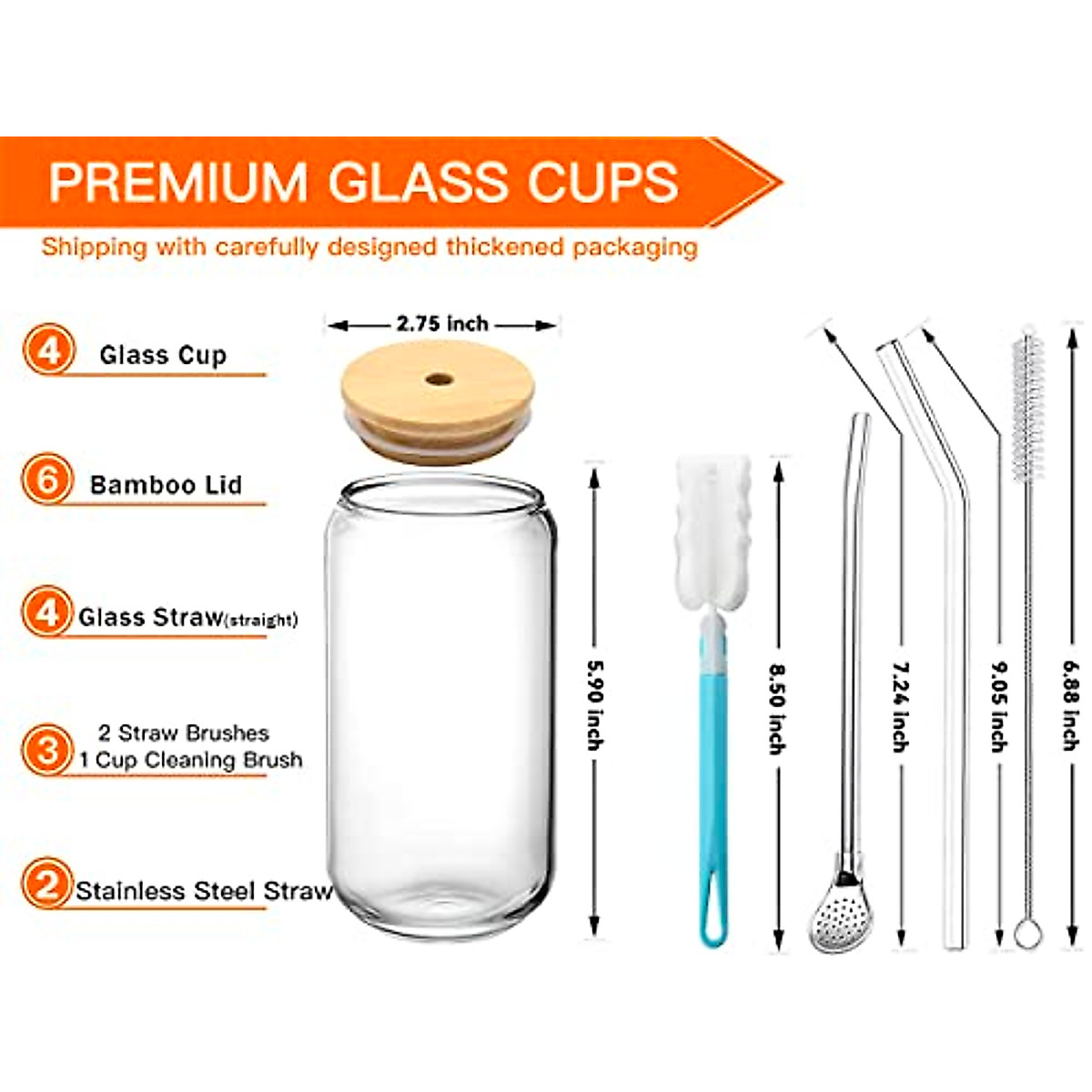 4 Pcs Drinking Glasses with Bamboo Lids(6) and Glass Straws(4) - 18.5 Oz Can Shaped Glass Cups Beer Glasses Ice Coffee Glasses Cute Tumbler Cup Great for Soda Boba Tea Cocktail Include Cleaning Brush