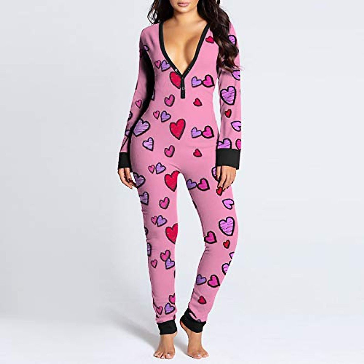 Women's Sexy Deep V Neck Bodycon Jumpsuit Butt Flap Pajamas Long Sleeve Romper Overall Sleepwear S-3XL