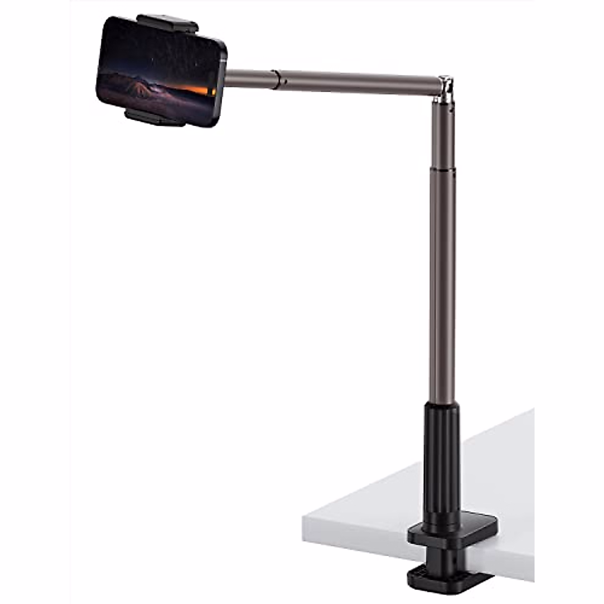 SupeDesk Extendable Cell Phone Stand, C-clamp, Lazy Phone Stand, for 3.5-6.7" Phone, Lying in Bed, Height Angle Adjustable, 360 Rotate, Aluminum Alloy, Lightweight, Black
