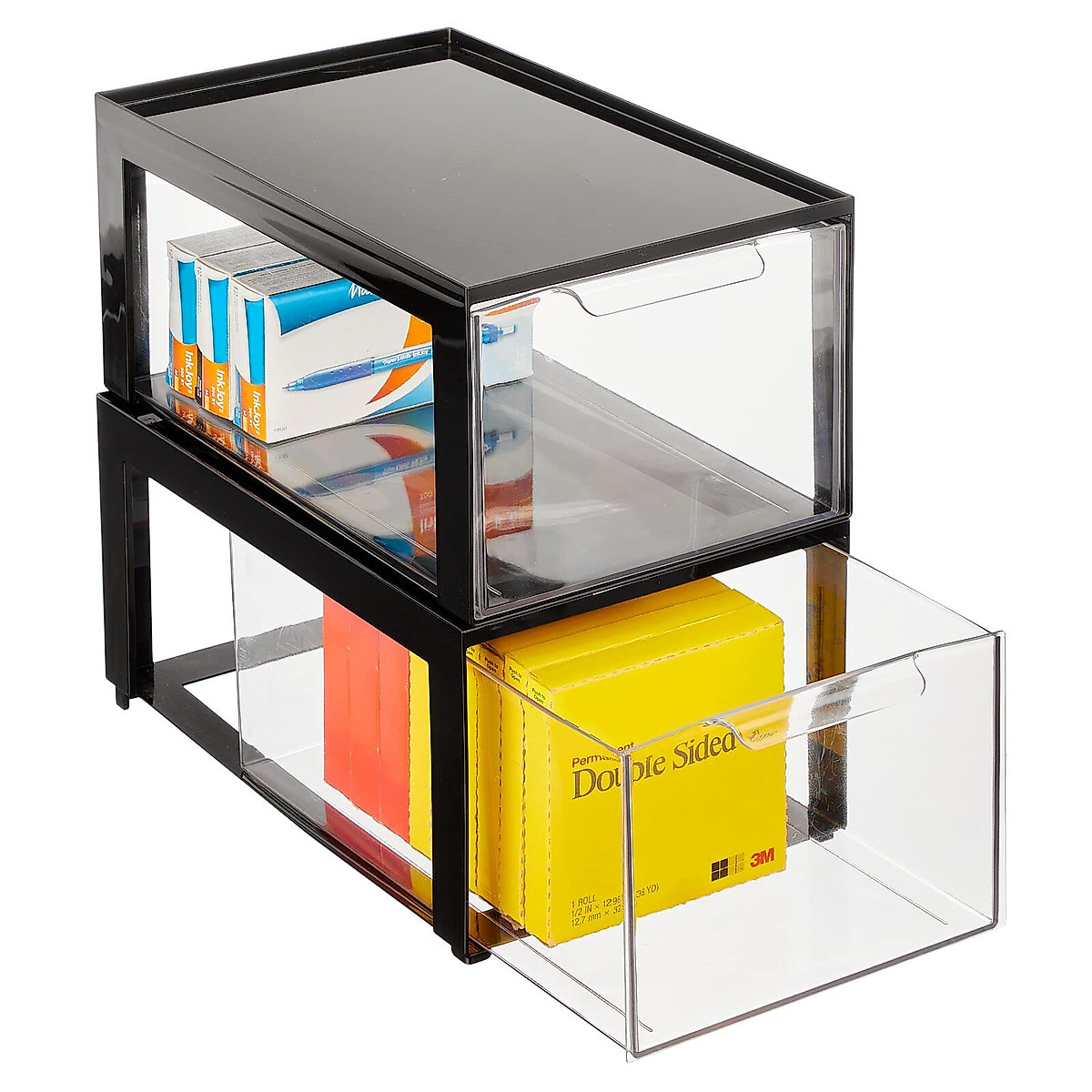 mDesign Plastic Stackable Office Storage Organizer Bin with Pull Out Drawer for Cabinet, Desk, Shelf, Cupboard, Cabinet, or Closet Organization - Lumiere Collection - 2 Pack - Black/Clear