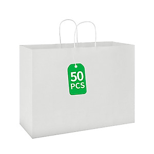 bagmad 50 Pack 16x6x12 Inches White Kraft Paper Bags with Handles Bulk, Large Recycled Paper Bags, Gift Bags, Grocery Bags, Retail Bags, Shopping Bags, Merchandise Bags for Small Business