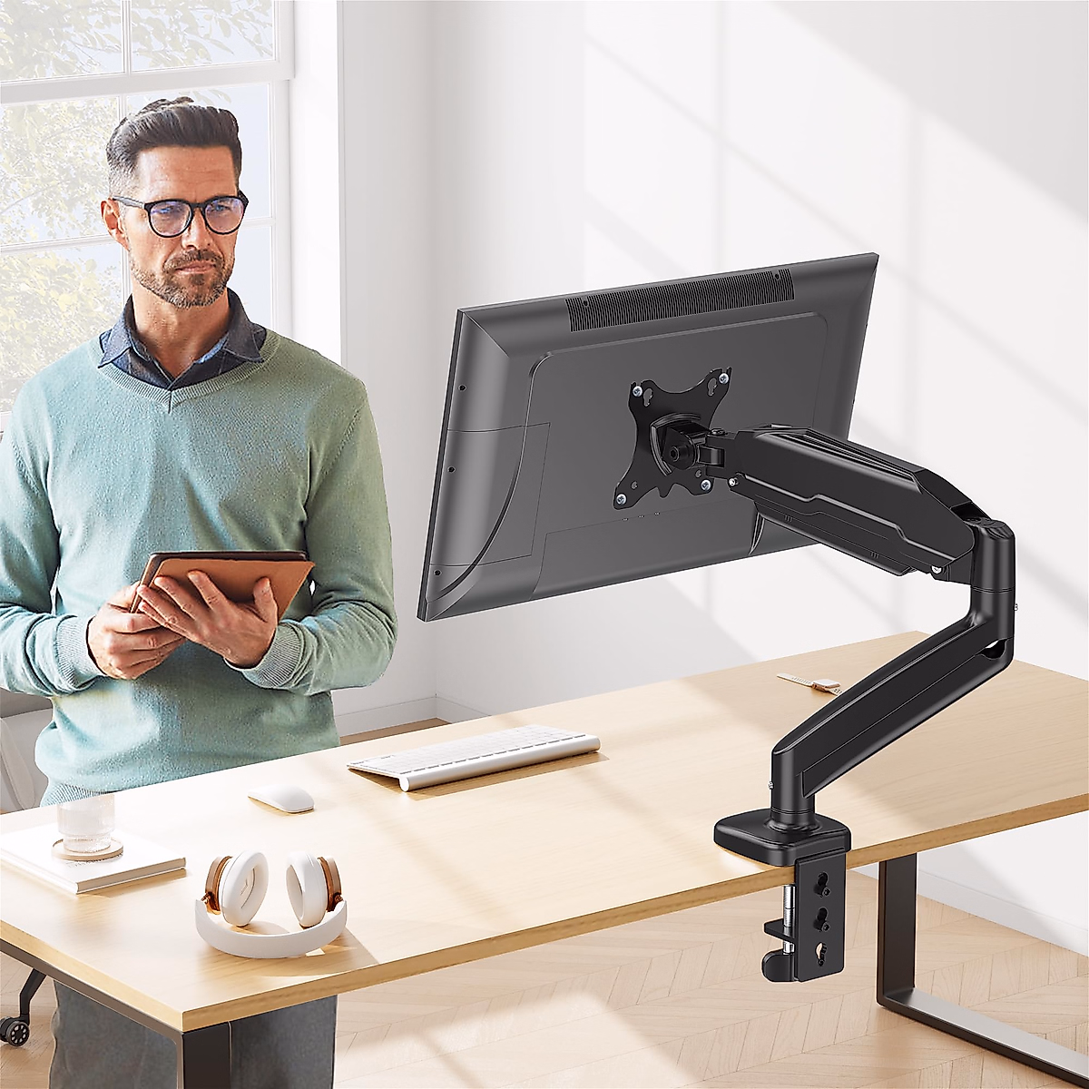 MOUNT PRO Single Monitor Desk Mount - Articulating Gas Spring Monitor Arm, Removable VESA Mount Desk Stand with Clamp and Grommet Base - Fits 13 to 32 Inch LCD Computer Monitors, VESA 75x75, 100x100