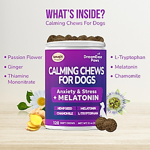 Calming Chews for Dogs - Dog Calming Chews for Separation, Dog Anxiety Relief Treats, Dog Sleep Support - Chamomile, and Melatonin for Dogs - 120 Soft Chews, Made in USA