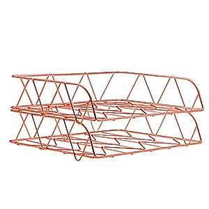PAG 2 Packs Desktop File Organizer Metal Stackable Horizontal Letter Tray Paper Holder Rack, Rose Gold