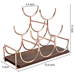 MyGift Rose Gold Wine Rack Countertop, 6 Bottle Modern Tabletop Metal Wire Stacked Wine Holder Stand with Burnt Wood Base
