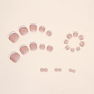 French Tips Press on Toenails Pink Square Toe Fake Nail Tips French Light Powder Design Acrylic Toe Nails Full Cover Glue on Toenails Glossy Summer False Toe Static Nails for Women Girls 24Pcs
