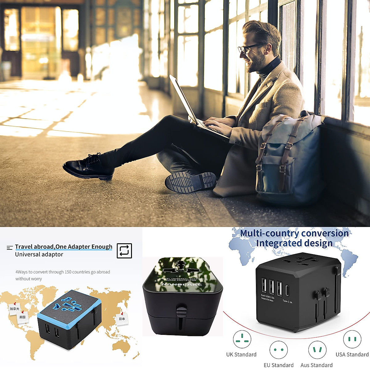 Universal Travel Adapter Worldwide International Plug Converter 30W 6A Pd 20W Type c QC3.0 USB 3A+1C All in One Multiple AC 8A sockets Outlet USA EU UK AUS FCC Listed
