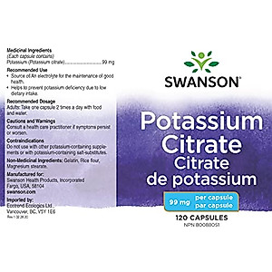 Swanson Potassium Citrate - Mineral Supplement Promoting Heart Health & Energy Support - Aids Optimal Nerve & Kidney Function with Natural Ingredients - (120 Capsules, 99mg Each)