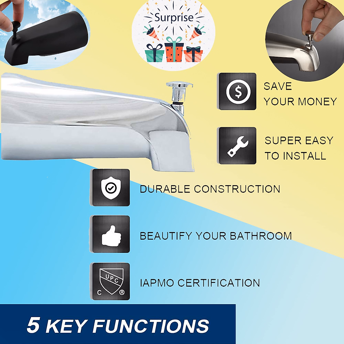 Slip Fit Tub Spout with Pull-Up Diverter for 1/2 inch Copper Tube,5.4 INCHES in Length,Easy to Install,Chrome (Not Applicable to Threaded Pipes) Thickened and Elongated Design 300 Grams