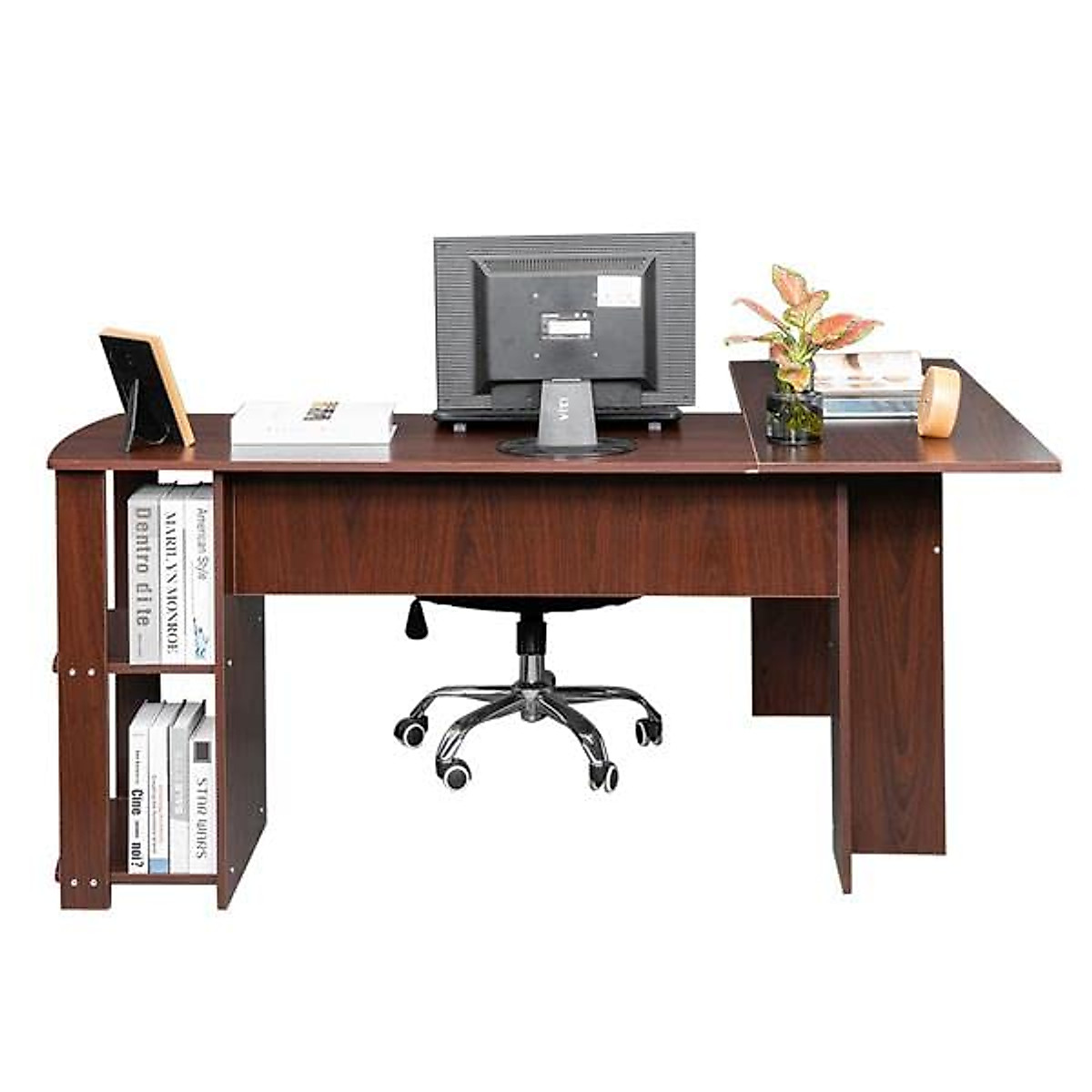 INXXCOROO Basyll L-Shaped Corner Desk Home Office Workstation with Hutch Bookshelves - Sturdy Wooden Computer Table for Laptop and Study