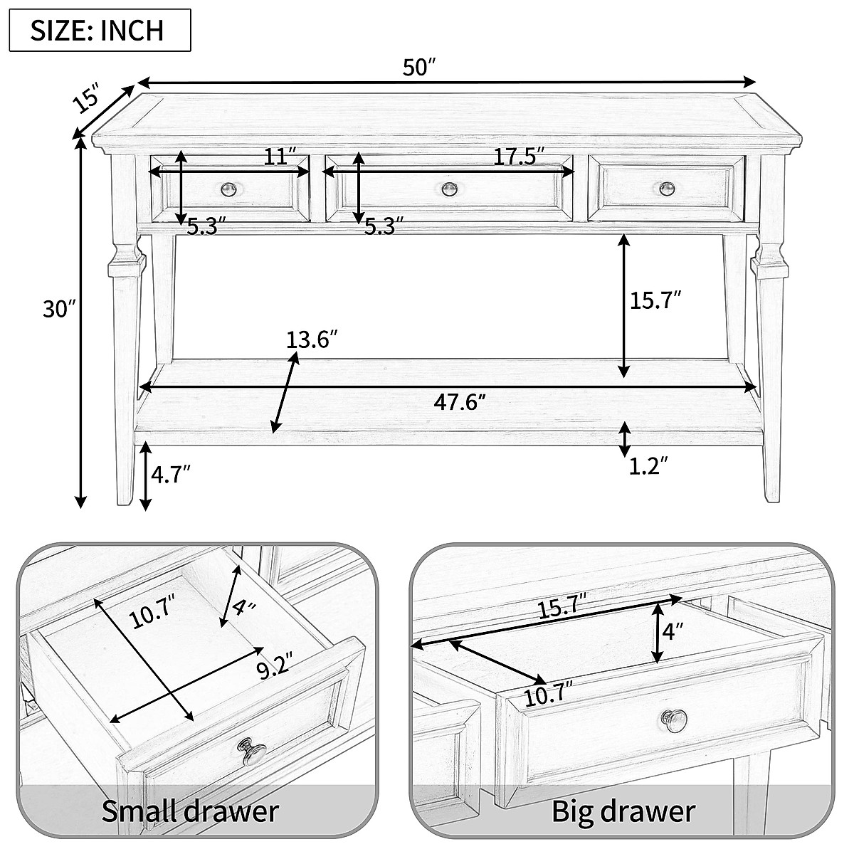 50" Classic Retro Console Table, Solid Wood Sofa Side Table with 3 Top Storage Drawers and Open Style Bottom Shelf for Living Room, Entryway, Hallway and Bedroom, Easy Assembly (Antique White-02)