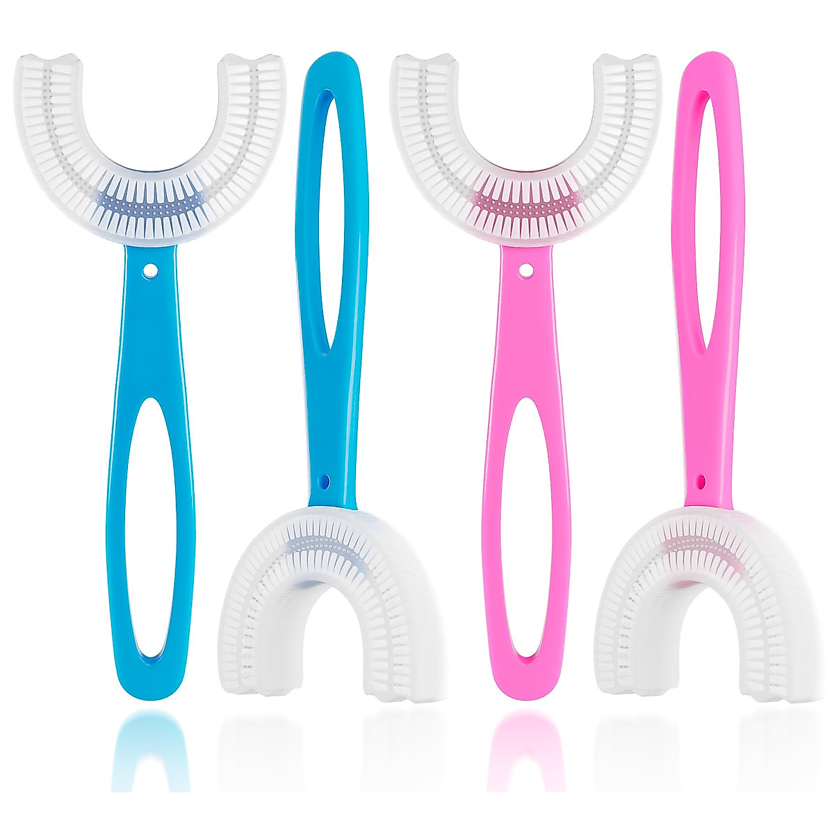 PUREVACY Kids U Shaped Toothbrush for 2-8 Years Old, 4 Pack Blue Food-Grade Silicon All Around U Shape Toothbrush, Funny Full Mouth Toothbrush for Kids with Soft Bristles and Ergonomic Handle