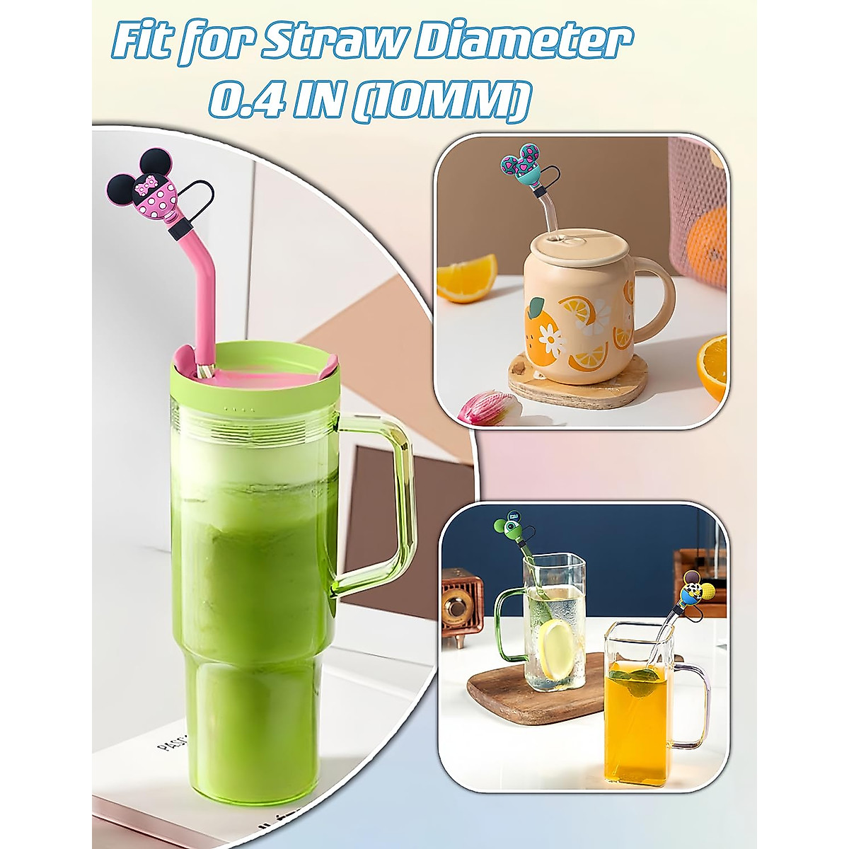 10PCS Funny Straw Cover Cap Compatible with Stanley for 30&40 Oz Cup 10 mm Drinking Straw Topper, Reusable Silicone Straw Covers, Cute Trumbler Cup Accessories (Mouse-1)