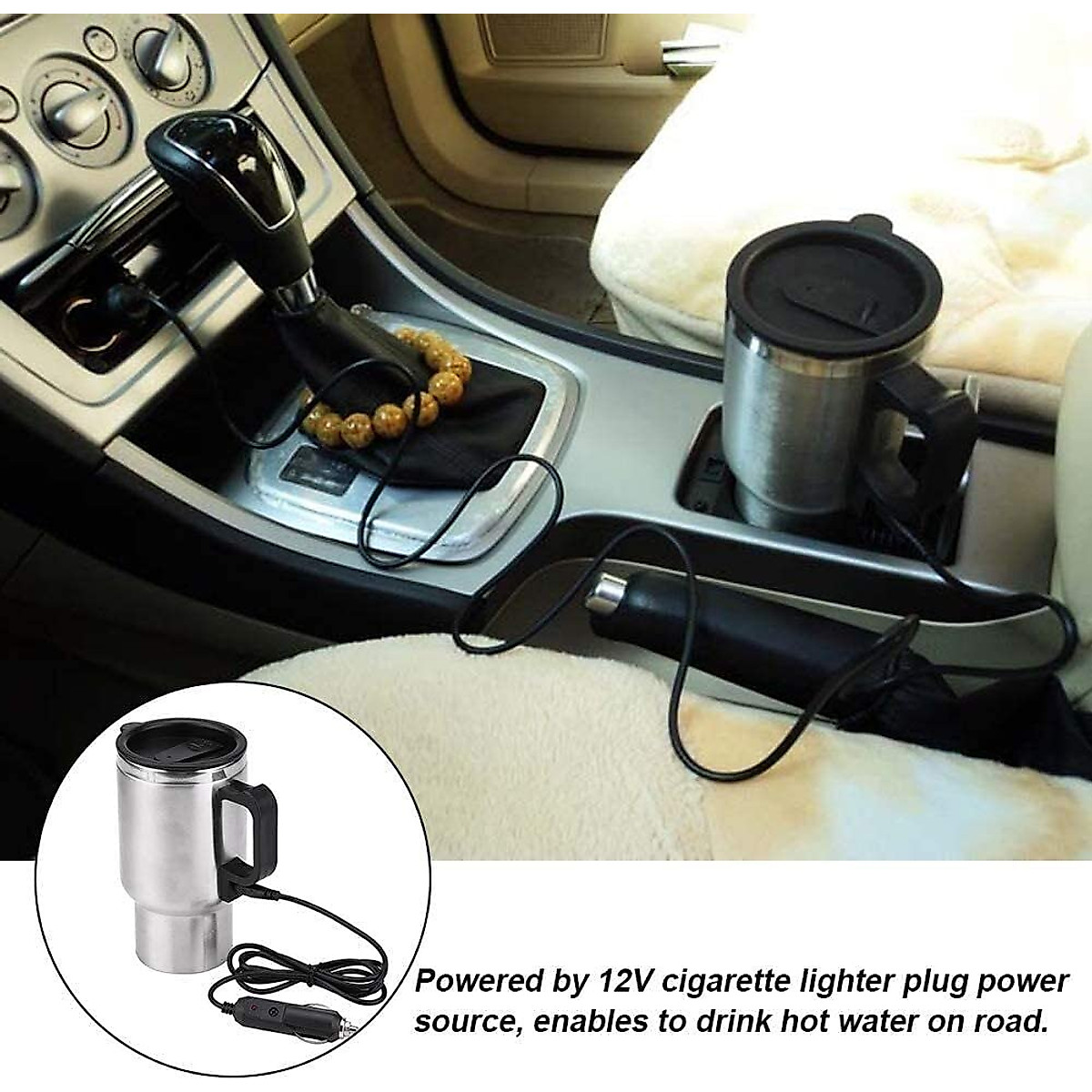 Car Kettle Electric Kettle Camping 12V 450ml Coffee Maker Water Boiler 65°C/149°F, Portable Travel Car Truck Kettle Hot Water Heater Bottle for Tea Coffee Making Cigarette Lighter Heating Cup, 60W