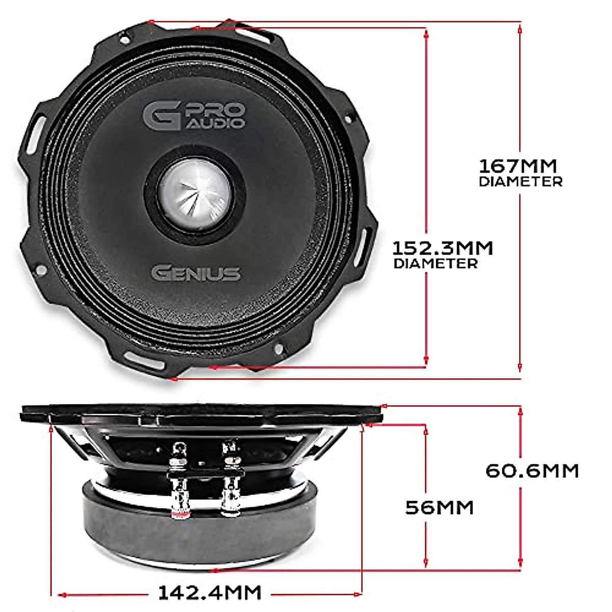 Genius Audio GPRO-M0765 6.5" 300 Watts Max 150 Watts RMS Pro Audio Midrange Speakers Push Connector Aluminium Bullet Car Audio Speaker Ferrite Magnet 4 Ohm Reinforced Paper Cone (1 Speaker)
