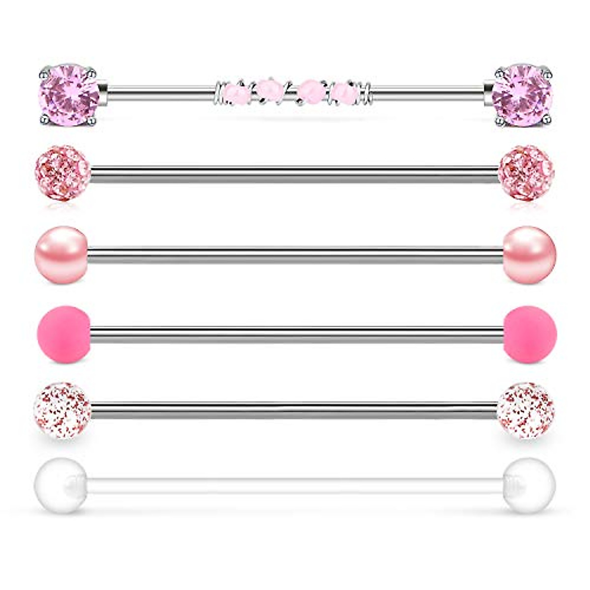 JFORYOU 14G Industrial Ball Piercing Jewelry Surgical Steel with 6 Style Ball CZ Cartilage Helix Piercing Body Jewelry for Women Men 1 1/2Inch(38mm)