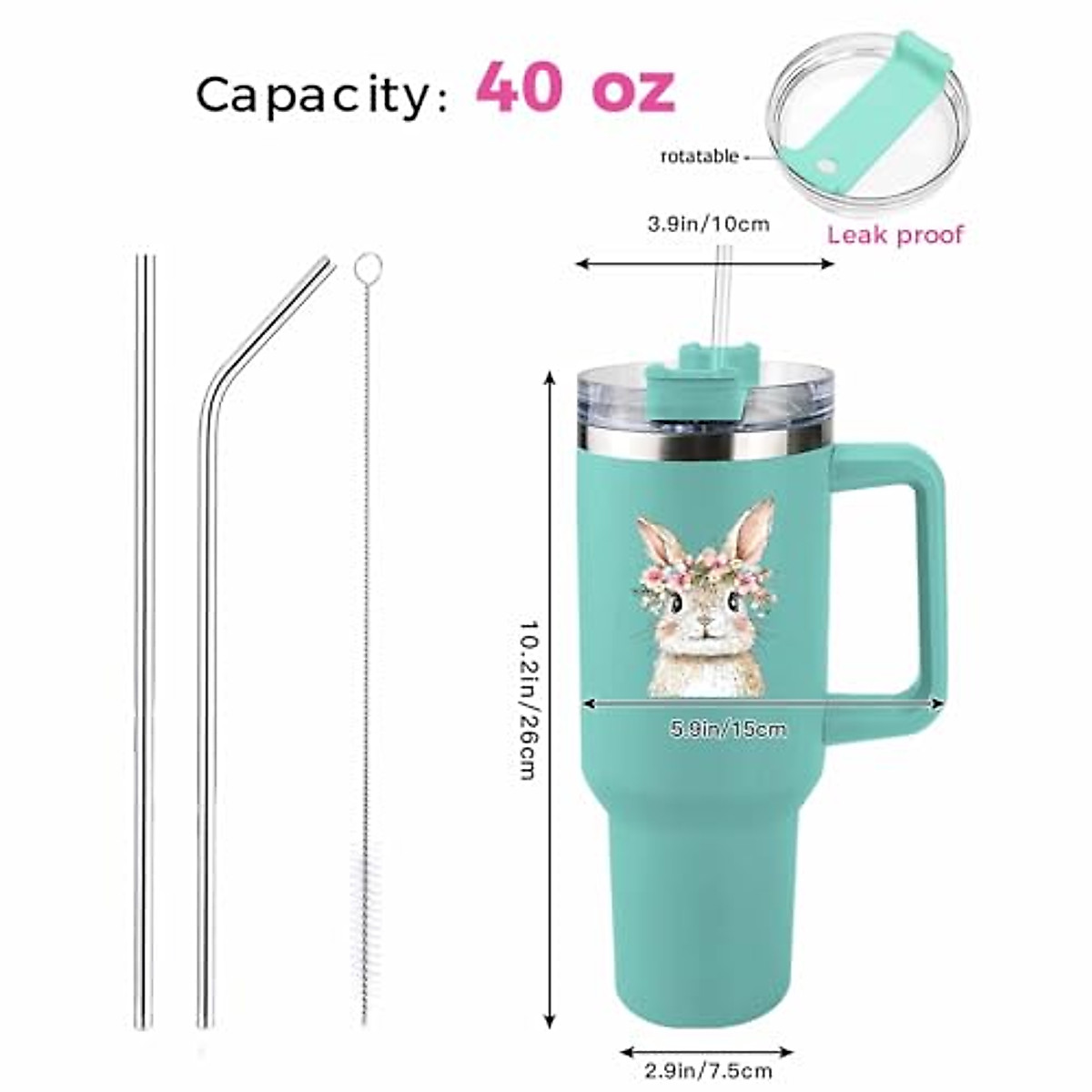 LB LEOBON 40 ounce insulated cup with handle, double-layer vacuum stainless steel material, equipped with straw, can keep warm or maintain cold drinks Easter Rabbit D Lake Green