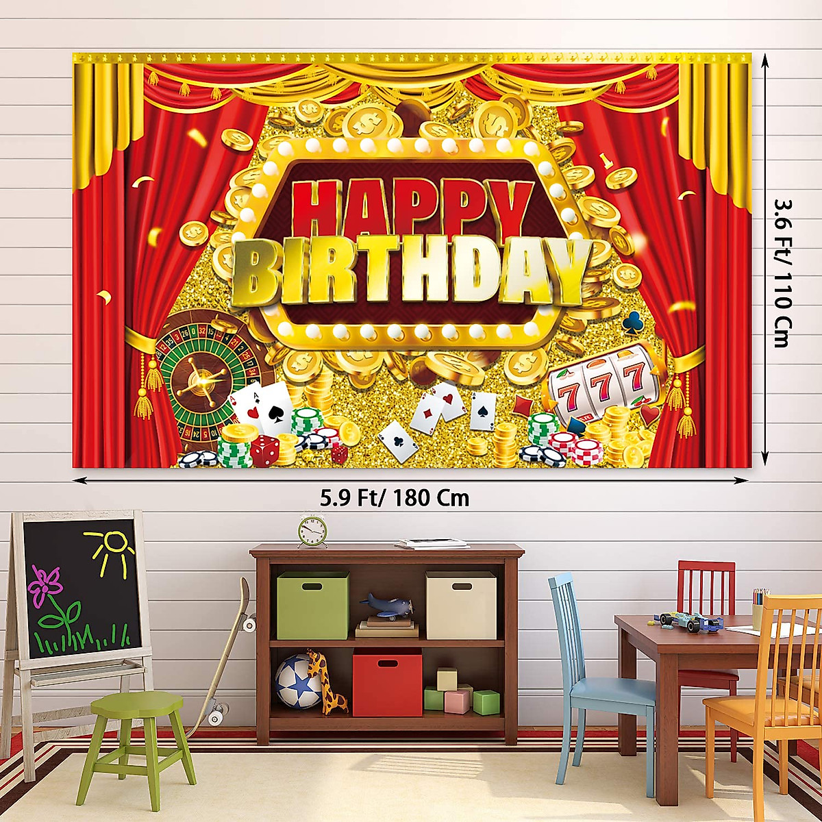 LXlucktim Casino Theme Birthday Party Decorations, 144 Pcs Las Vegas Party Decor Supplies - Backdrop, Cake, and Cupcake Toppers, Balloons, Hanging Swirls, Cupcakes Wrappers