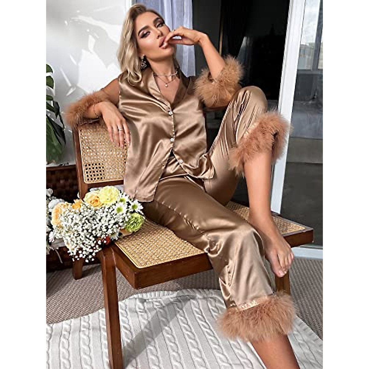 WDIRARA Women's Satin Fuzzy Trim Mesh Long Sleeve Button Down Pajamas Pants Set Sleepwear Mocha Brown S