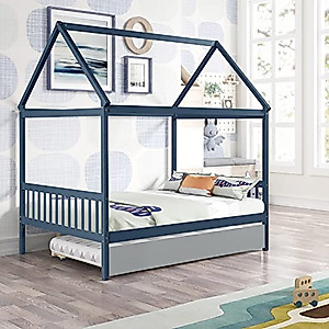 HAUSHECK Toddlers Montessori Bed with Trundle, Full Size Montessori Bed Frame with Headboard & Footboard, House Bed Fun Playhouse for Kids Boys & Grils, No Box Spring Needed, Wooden Slatted Support