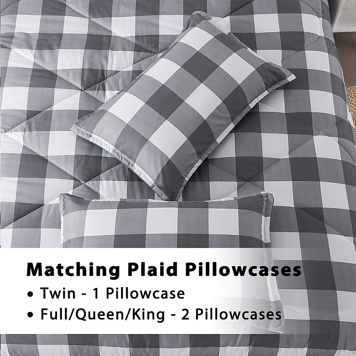 Andency Grey Queen Comforter Set, 3 Pieces Grey White Buffalo Check Plaid Bedding Comforter & Sets, Light Gray Soft Lightweight Fluffy All Season Bed Set