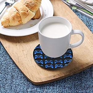 Video Game Joystick Gamepad in Blue Neon Lights Isolated on Black 4 Pcs Tea Wooden Round Coaster Set, Non-Slip Lightweight Wooden Coaster for Party Home Office Kitchen Bar Coffee Table