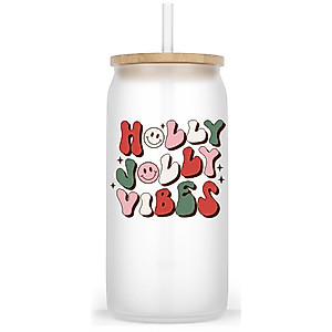 Holly Jolly Vibes Glass Can, Christmas Iced Coffee Cup, 16oz Tumbler with Lid And Straw, Candy Cane tumbler, Christmas frosted tumbler, Christmas Gift for Exchange