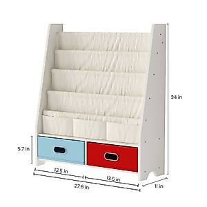 SEIRIONE Sturdy Kids Bookshelf, Children Display Rack, 4 Sling and 2 Storage Boxes for Toys Organizer, White/Wood Texture
