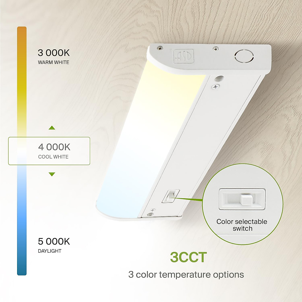 ASD LED Under Cabinet Lighting, 9 inch 3W 202 LM, Dimmable Hardwired Under Cabinet Lights for Kitchen, 3000K Soft/4000K Cool/5000K Daylight, Under Counter Light Fixtures, ETL Energy Star White Finish
