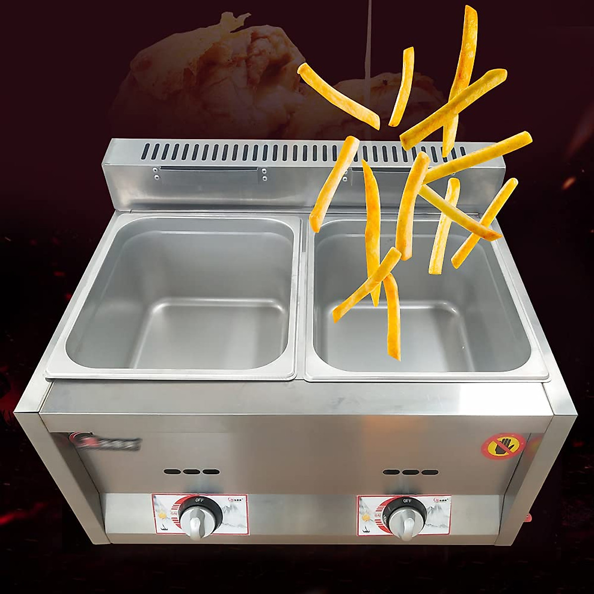 PIAOCAIYIN Food Warmer, 2 Wells Pan Gas Fryer Food Warmer, 12L Stainless Steel Buffet Warmer, 50~380℃ Temperature Control, Food Warmers for Parties, Gas Fryer for French Fries Donuts