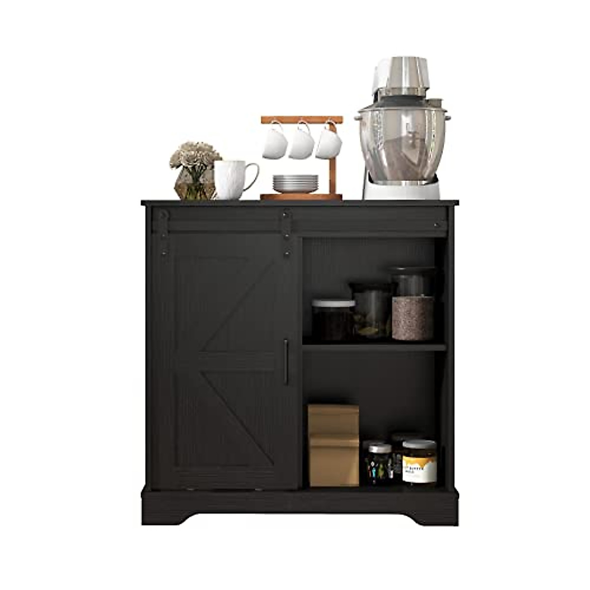 Panana Sliding Barn Door Buffet Sideboard Storage Cabinet Coffee Bar Kitchen Farmhouse Style (Black)