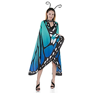 Spooktacular Creations Adult Butterfly Costume, Wing Cape Shawl with Lace Mask and Black Velvet Antenna Headband for Adult Women Halloween Costume-Blue