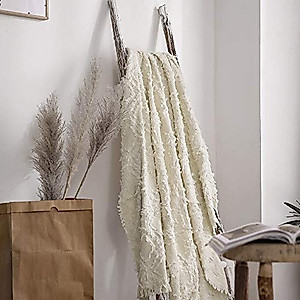 Simple&Opulence 100% Cotton Throw Blanket for Bed, Couch, Boho Textured Geometric Knit Woven Blanket with Tassels Soft, Lightweight Breathable Shabby Chic Farmhouse Decoration for All-Season(White)