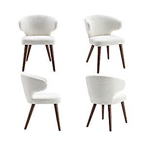 VESCASA Sherpa Modern Dining Chairs with Wood Legs, Upholstered Curved Back Side Chairs for Dining Room/Living Room, Set of 4, White