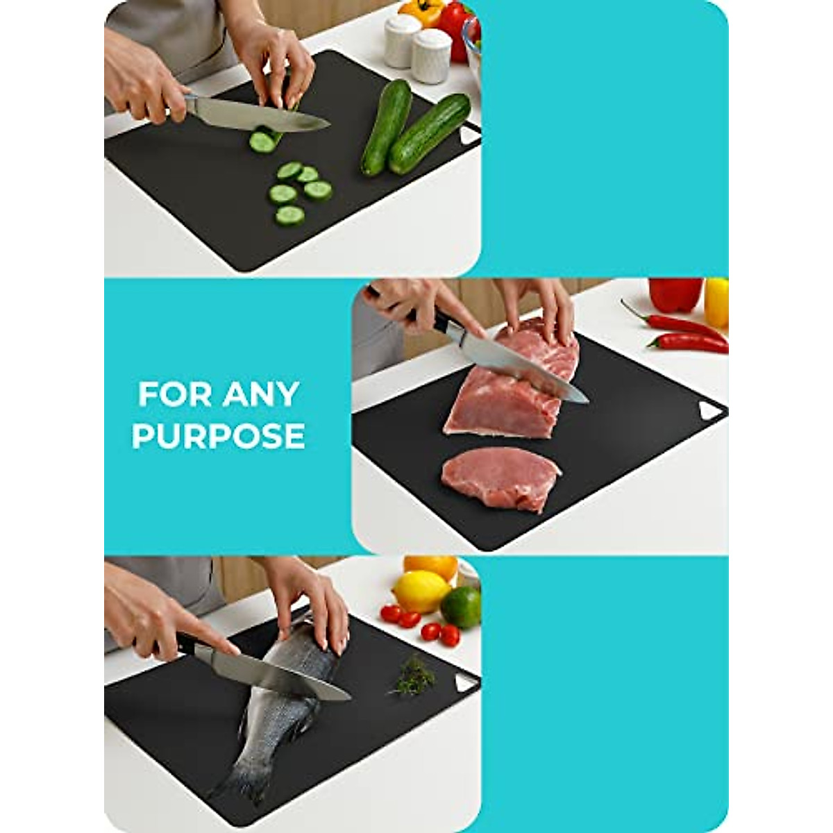 VOMAN Flexible Cutting Boards for Kitchen, Set of 3 | BPA-Free Cutting Mats for Cooking, Cutting Board Mats, Non Slip Cutting Sheets, Plastic Cutting Board Set (Black Black Black)