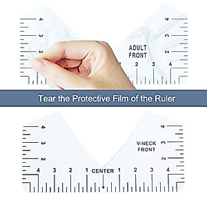 9Pcs Tshirt-Ruler Guide for Vinyl Alignment, Tshirt-Ruler for Heat Press, Tshirt-Rulers to Center Vinyl, Transparent V-Neck/Round PVC Ruler for Children Youth Adult, Front and Back Measurement (10in)