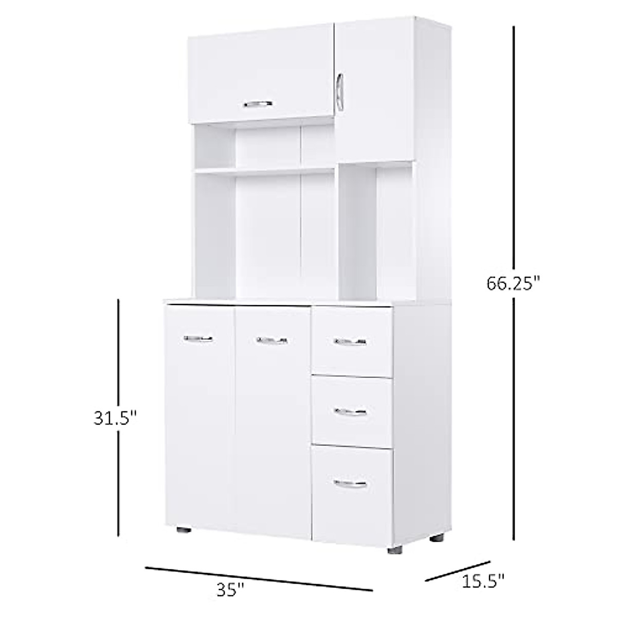 HOMCOM 66" Buffet with Hutch, Freestanding Kitchen Pantry with 2 Large Cabinets, 1 Pull Up Cabinet, 3 Drawers & Wide Countertop, White