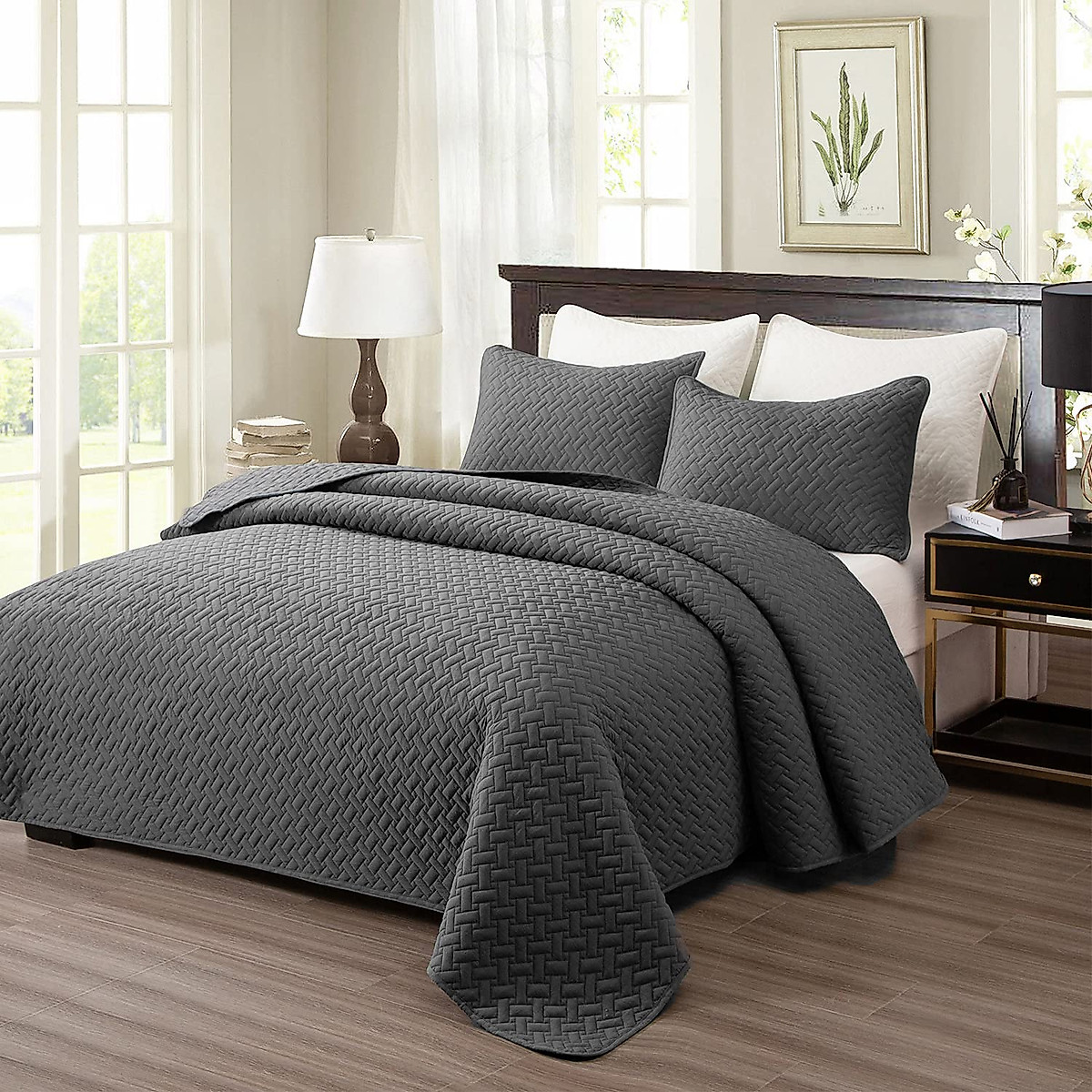 EMME Queen Quilt Bedding Set, Lightweight Bedspread,Pre-Washed Microfiber Bed Coverlet, 3 Piece, Summer Reversible Full Quilt Sets with 2 Pillow Shams(Grey, 90"x90")