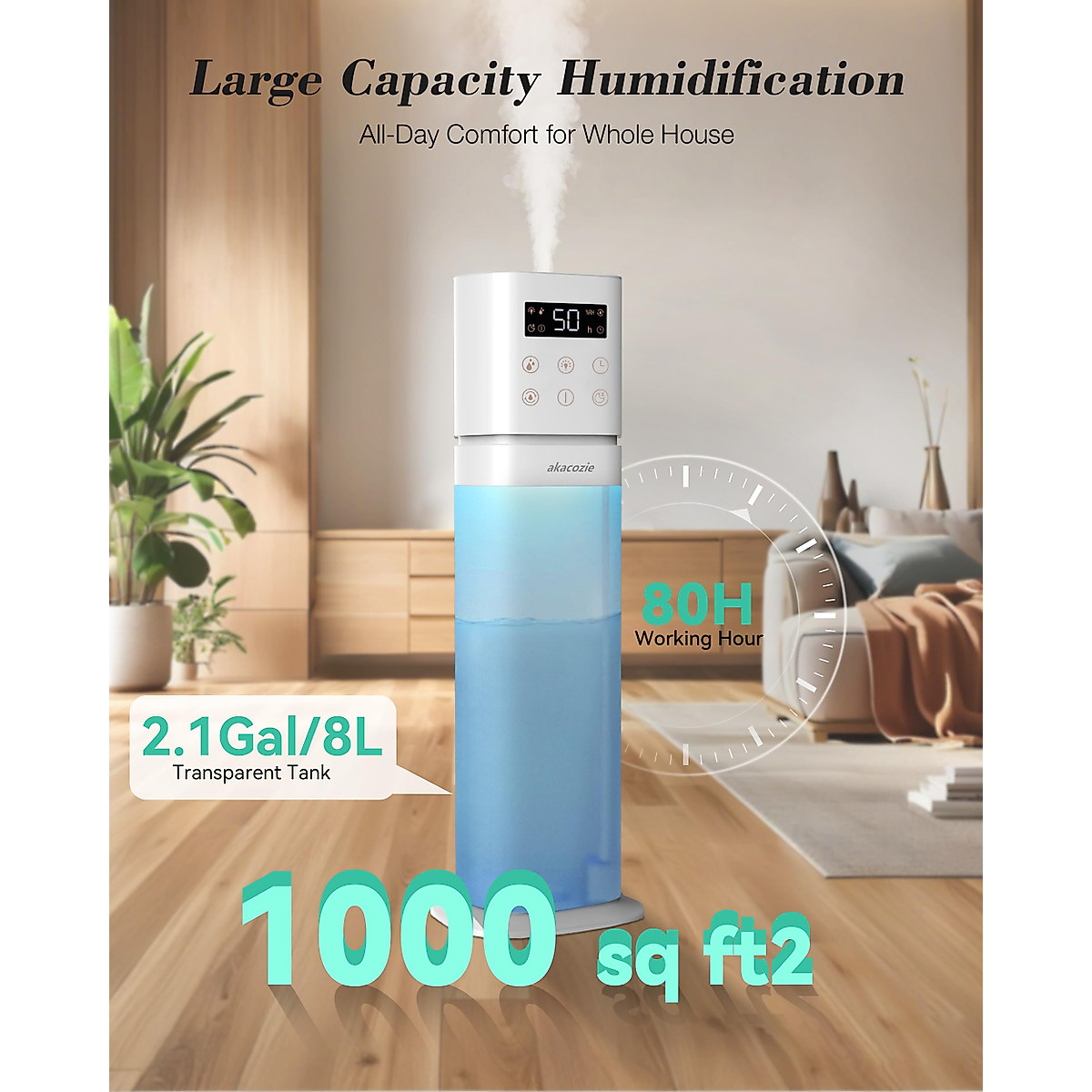 akacozie Humidifier Large Room Home Bedroom, 2.1Gal/8L Top Fill, Cool Mist Humidifiers for Bedroom with Essential Oil Diffuser, 360 Nozzle and Extended Tube for Indoor Plant, Whole House, Baby, Quiet